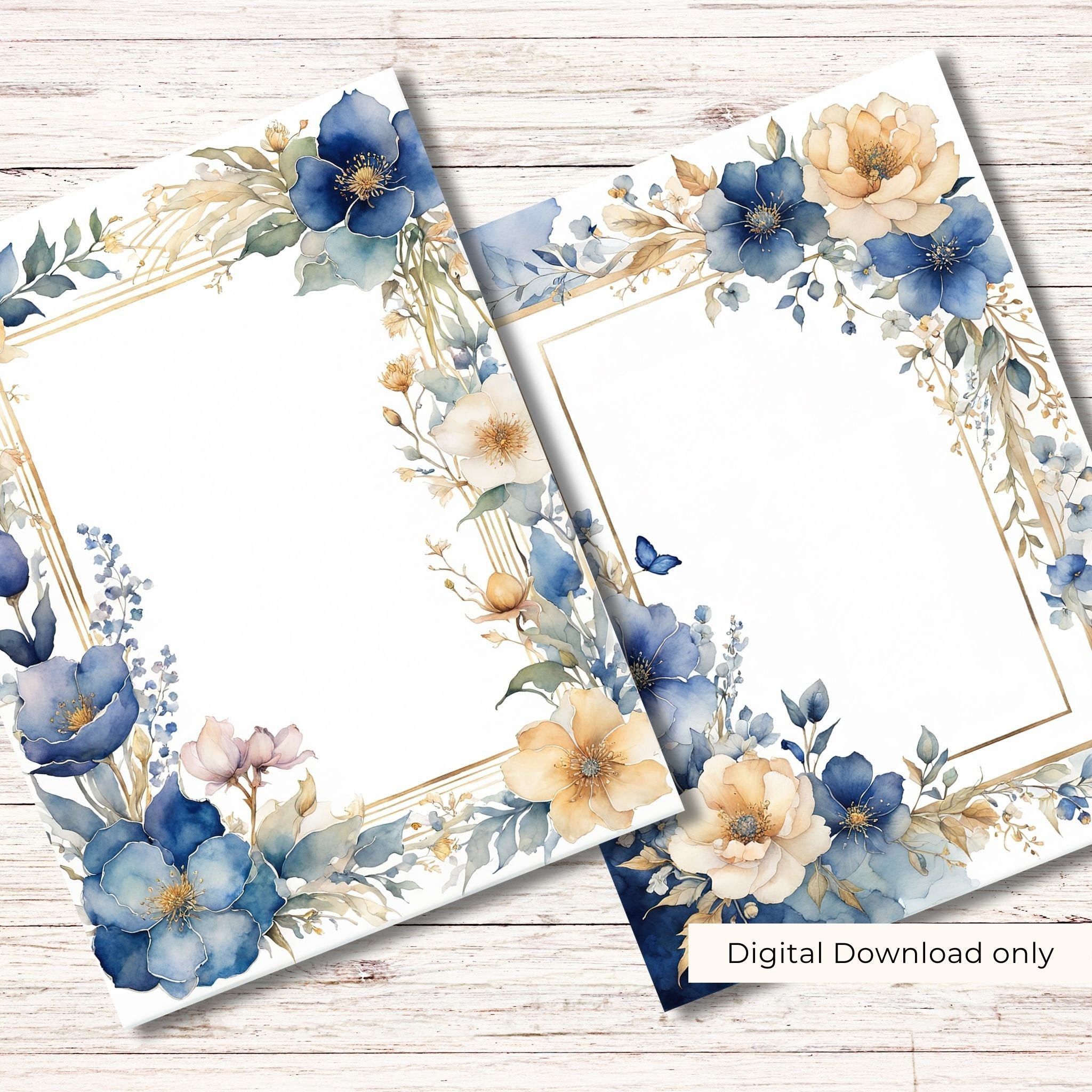 Blue Boho Border Digital Paper Pack for Wedding Cards, Scrapbooking ...