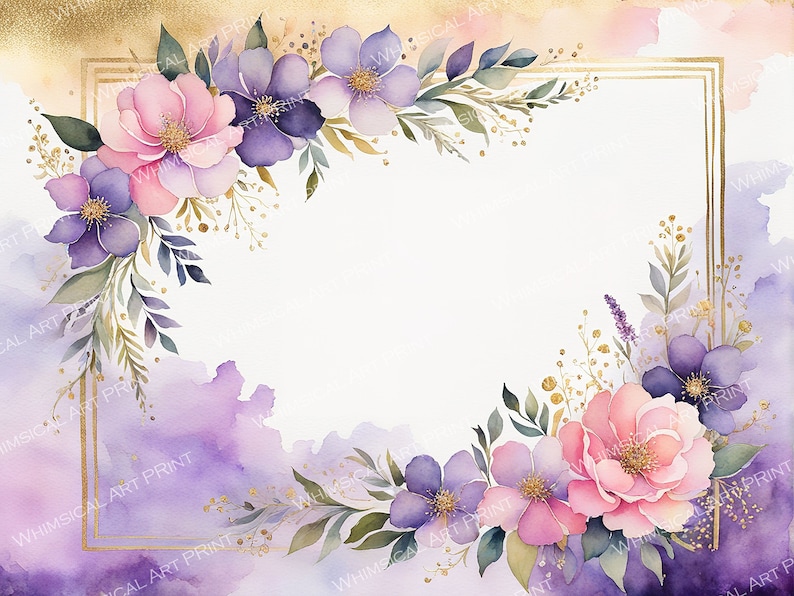 Watercolor Floral Frame Digital Paper Pack: Purple & White (10 Jpgs ...