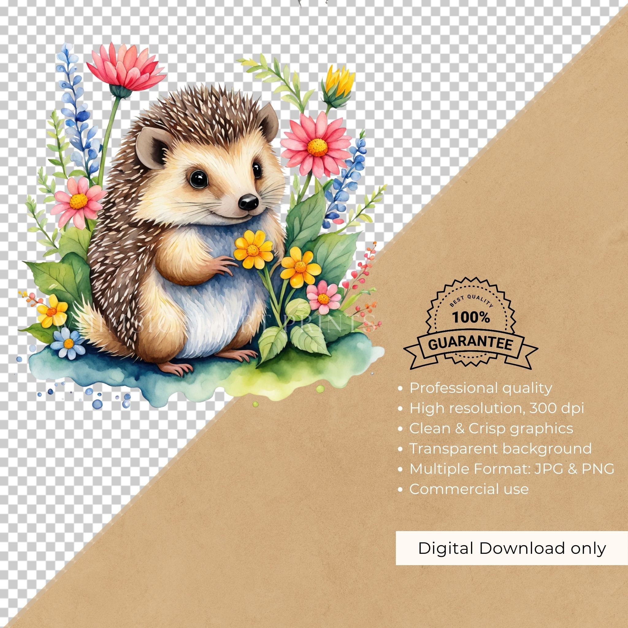 Whimsical Watercolor Hedgehog Clipart: Gardening, Overalls, Sunflowers ...