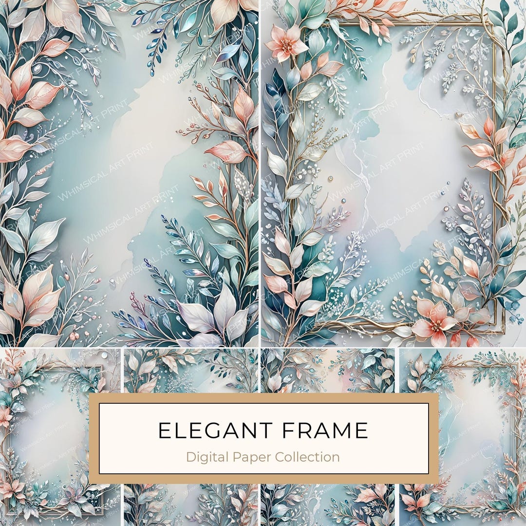 Watercolor Floral Frame Digital Paper Set, Soft Iridescent Color ...