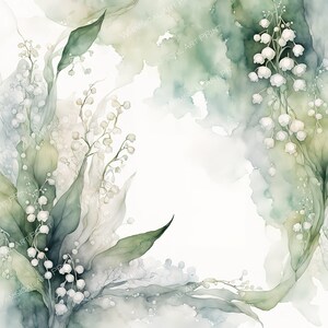 Watercolor Lily of the Valley Elegant Digital Paper Set in Soft Emerald ...