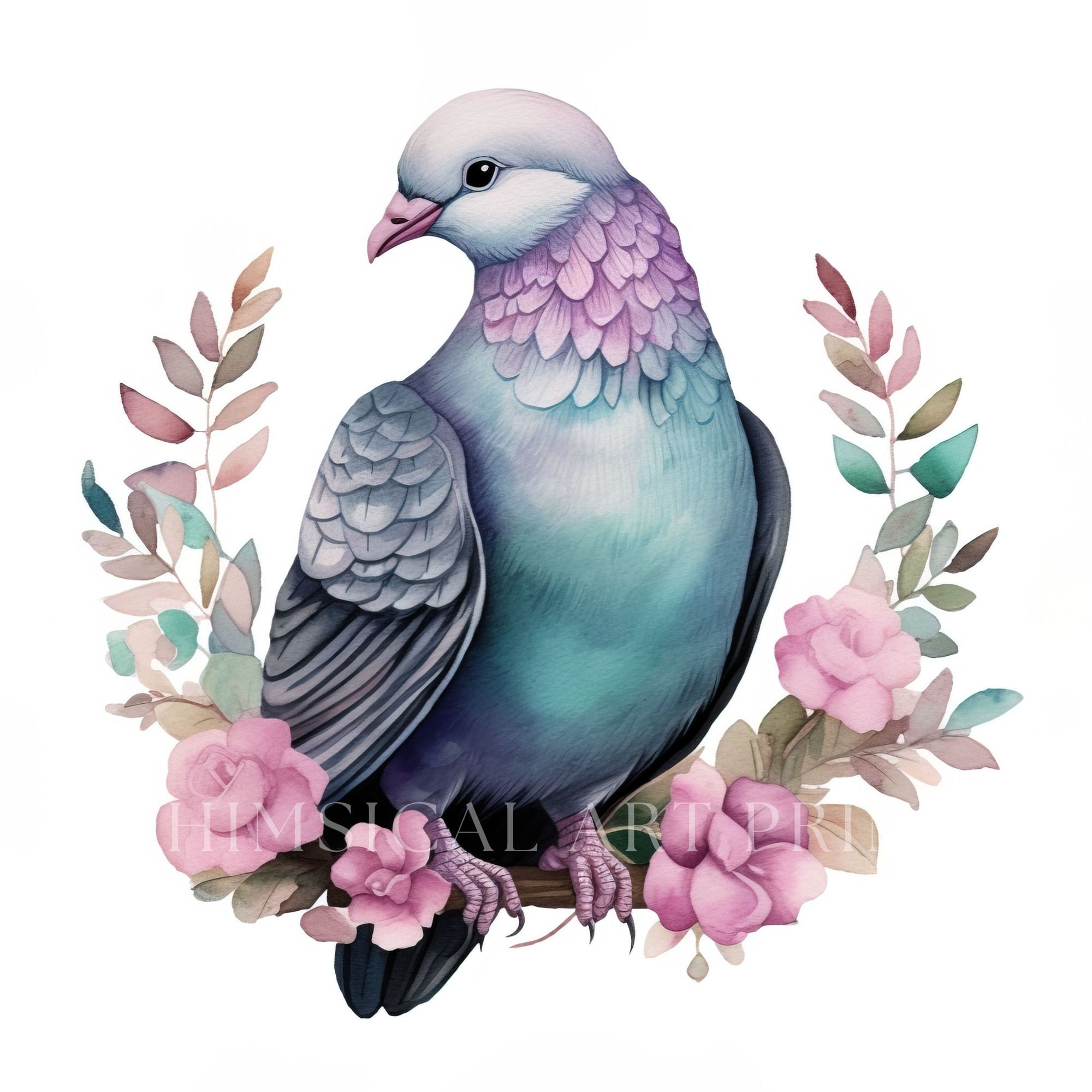 Pigeon Bird Clipart, Flowers, Green Pigeon on Flowery Branch Art ...
