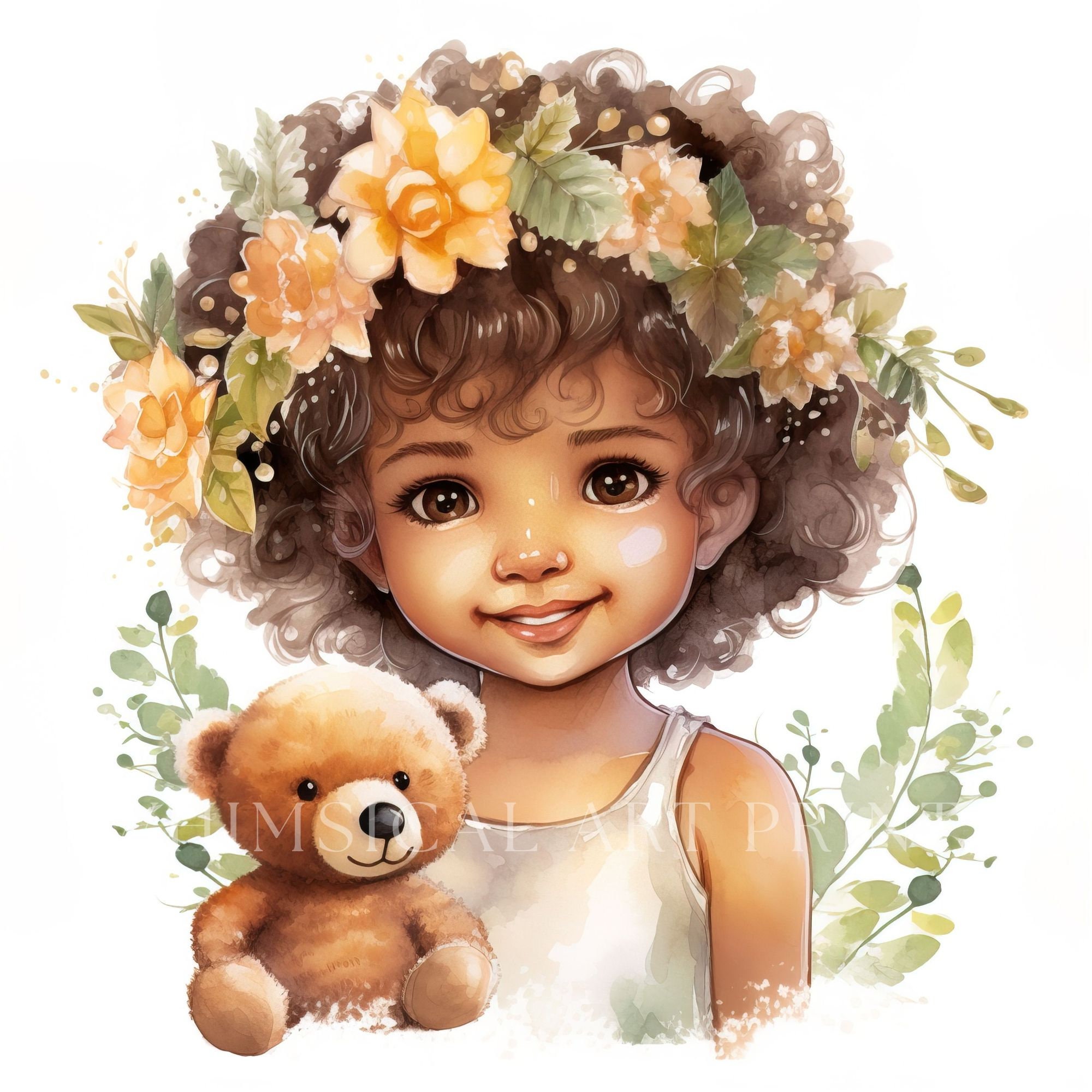 Cute Girl Teddy Bear Clipart, Watercolor Style Illustration, Happy Girl ...