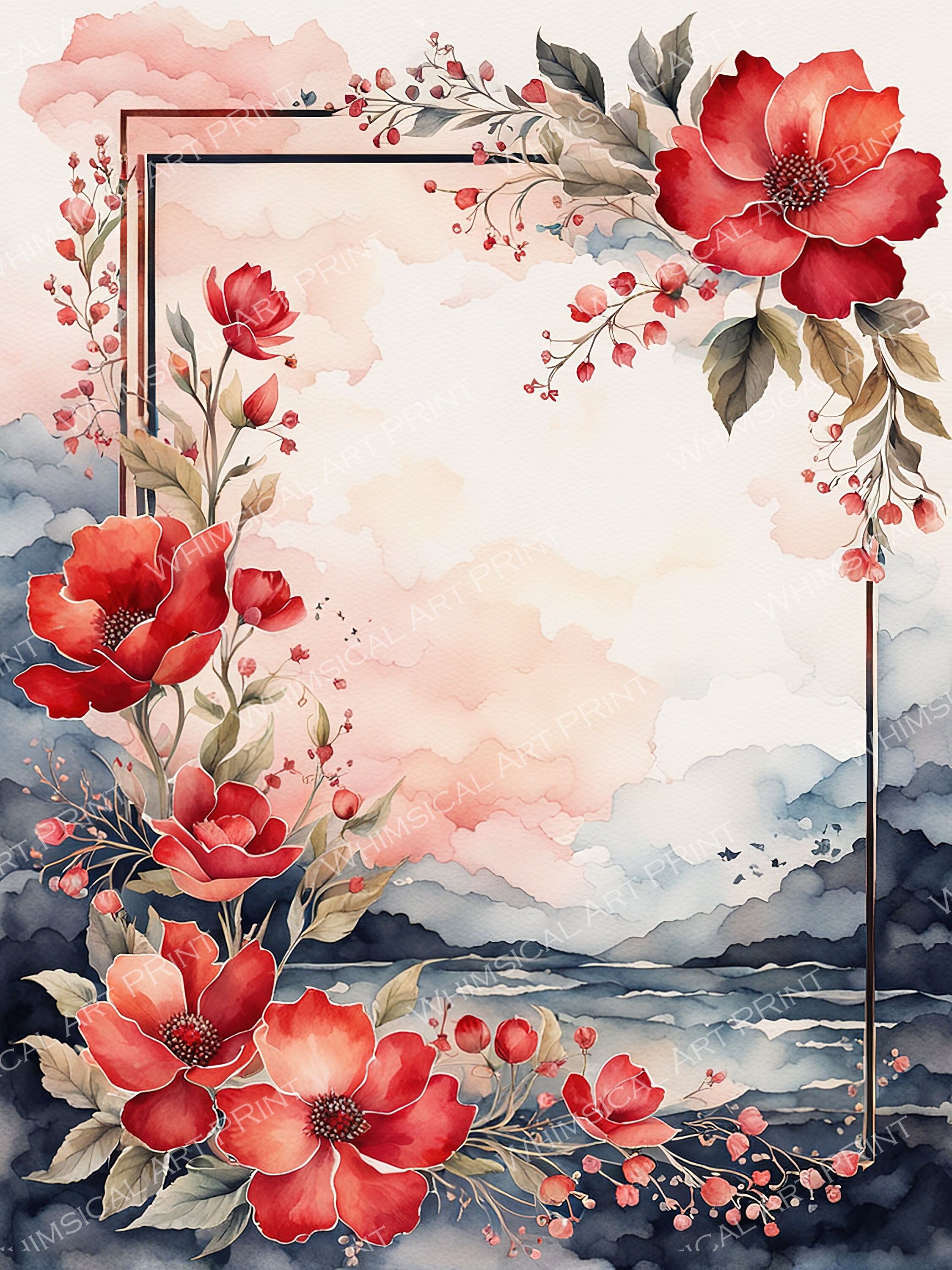 Red Floral Watercolor Frame: Black Accent Digital Paper Set (10 Jpgs ...