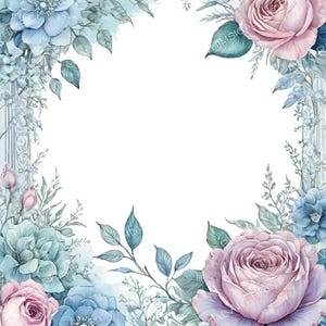 Watercolor Floral Frame Digital Paper Set in Soft Blue & Pink Hues, 10 ...