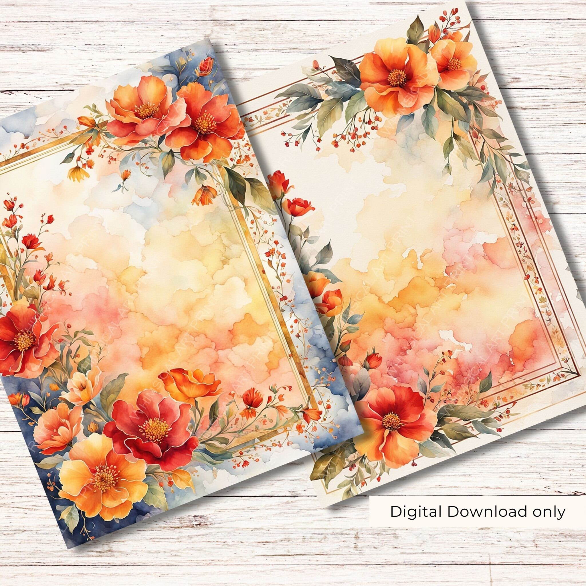 Watercolor Floral Digital Paper Pack: Orange Summer Flowers (10 Jpgs ...