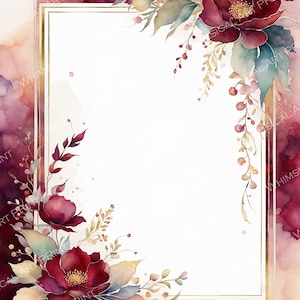 Watercolor Burgundy Pastel Floral Border Digital Paper, Botanical Frame ...