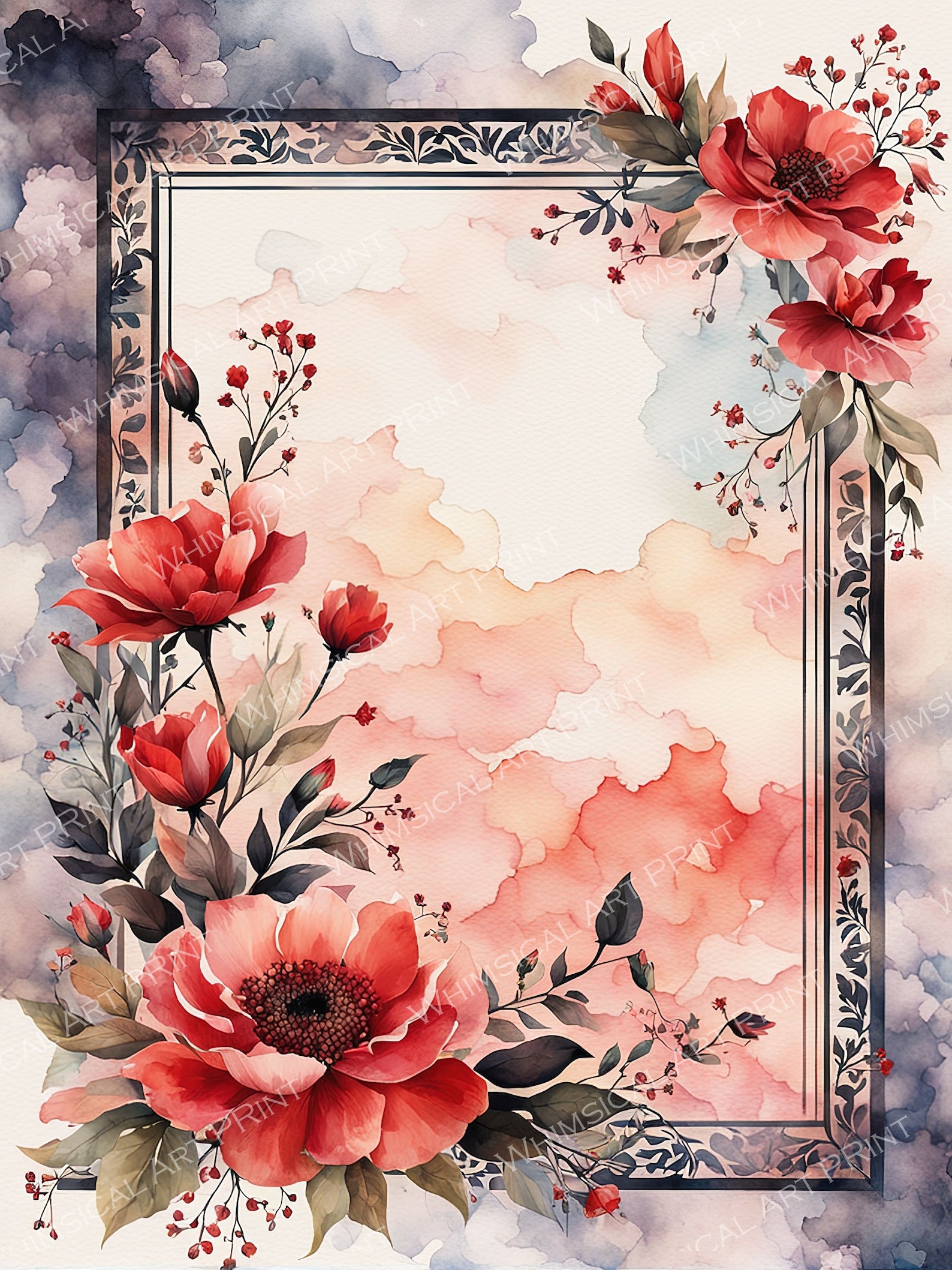 Red Floral Watercolor Frame: Black Accent Digital Paper Set (10 Jpgs ...