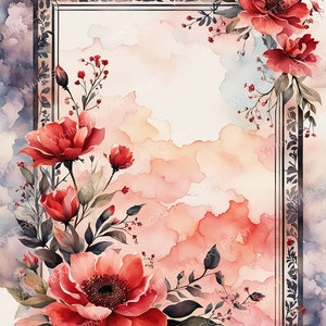 Red Floral Watercolor Frame: Black Accent Digital Paper Set (10 Jpgs ...