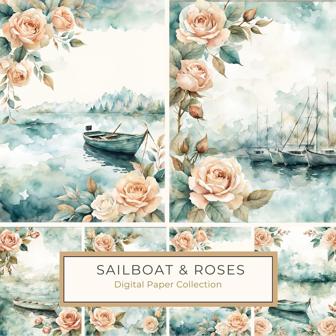 Watercolor Sailboat & Rose Frame Digital Paper, 10 JPG Lake Scene ...
