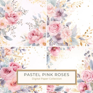 Pastel Pink Roses Digital Paper, Floral Background Graphics, Watercolor ...
