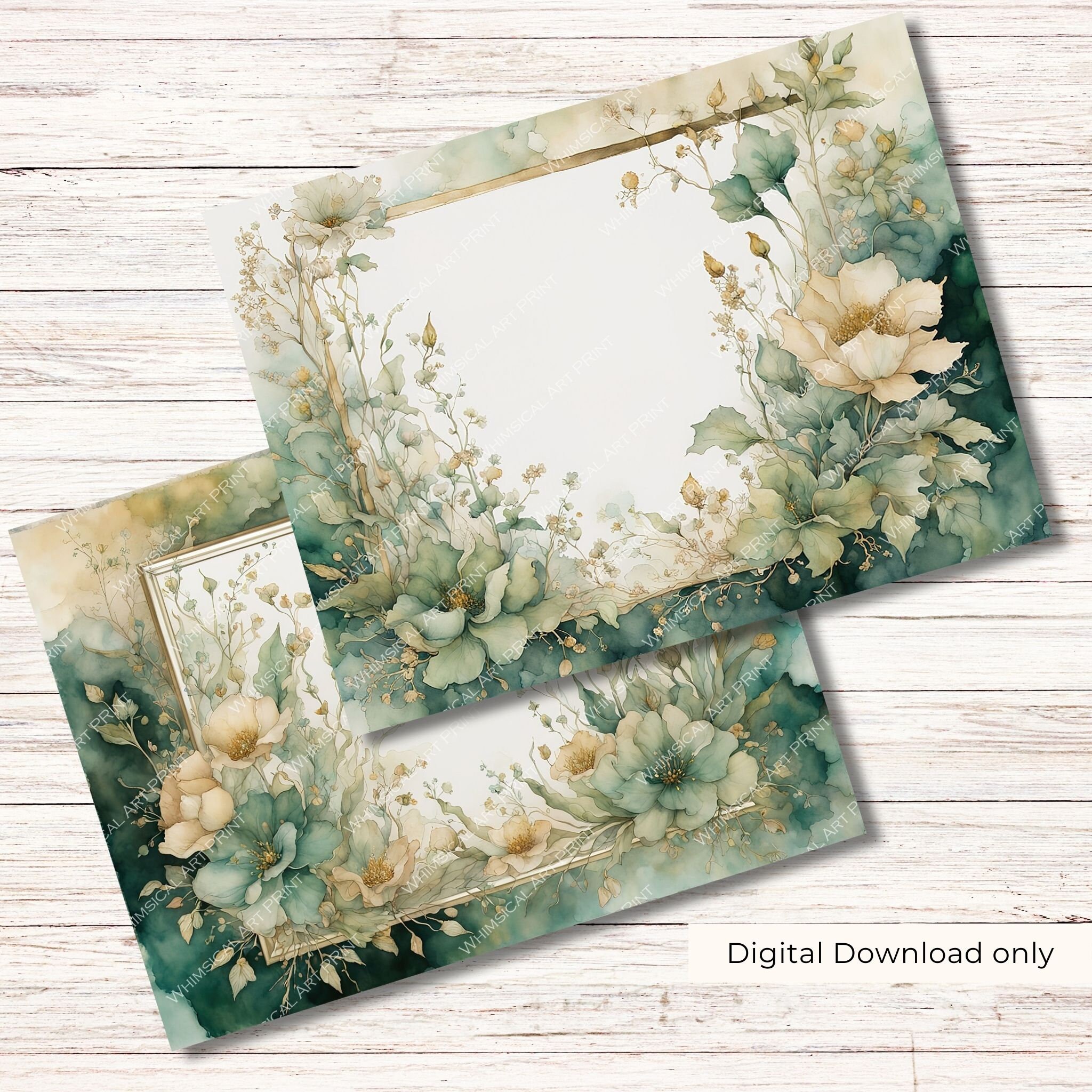 Watercolor Floral Frame Digital Paper Pack: Lush Forest Green (10 Jpgs ...