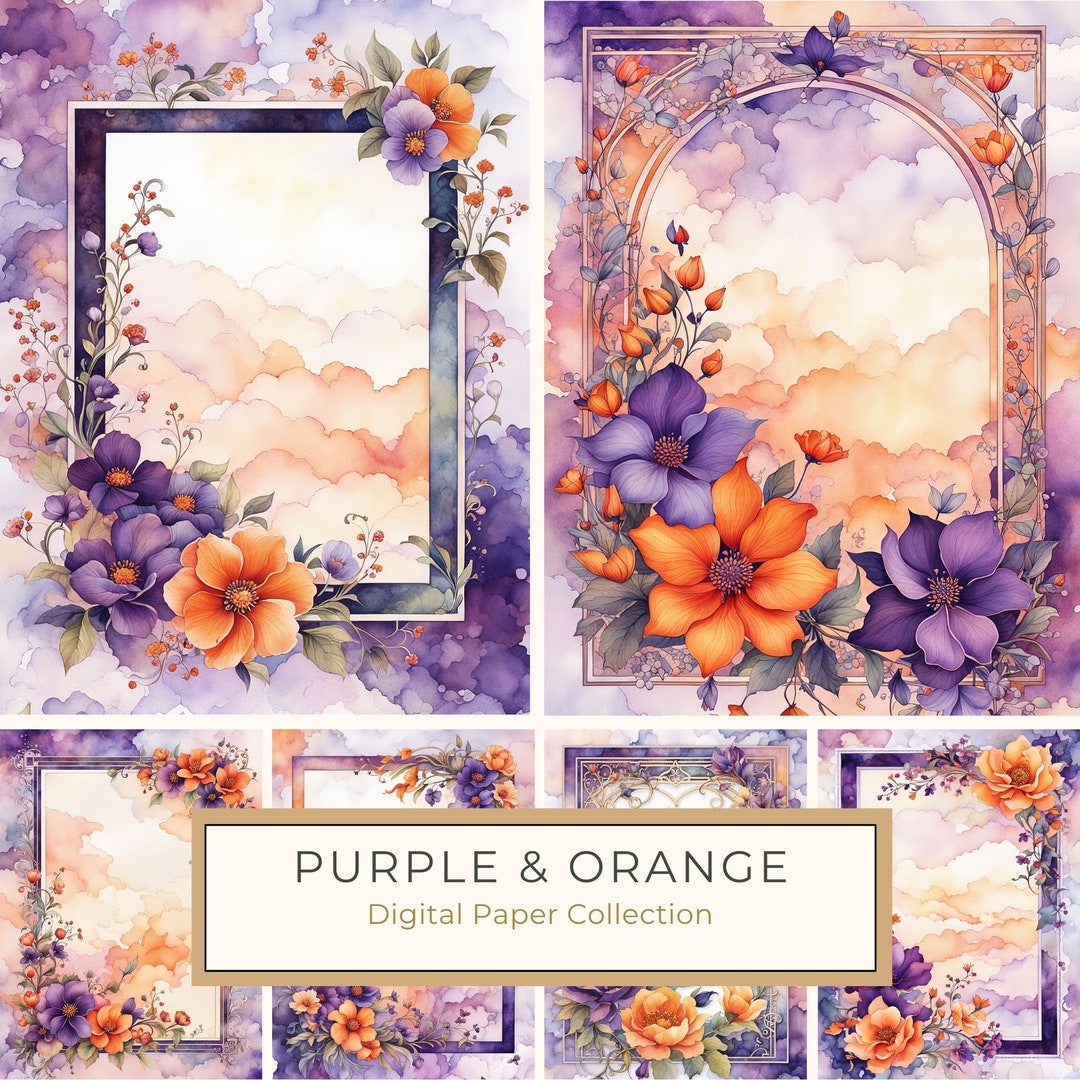 Watercolor Floral Digital Paper: Purple & Orange Flowers (10 Jpgs) - Etsy