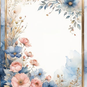 Watercolor Pink and Blue Pastel Border Digital Paper, Botanical Frame ...