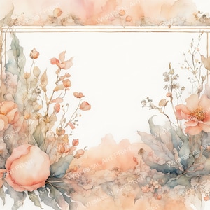 Watercolor Style Dusty Peach Floral Frame Digital Paper Pack, Page ...
