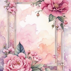 Watercolor Pink & Mauve Flowers Border Digital Paper Pack, Botanical ...