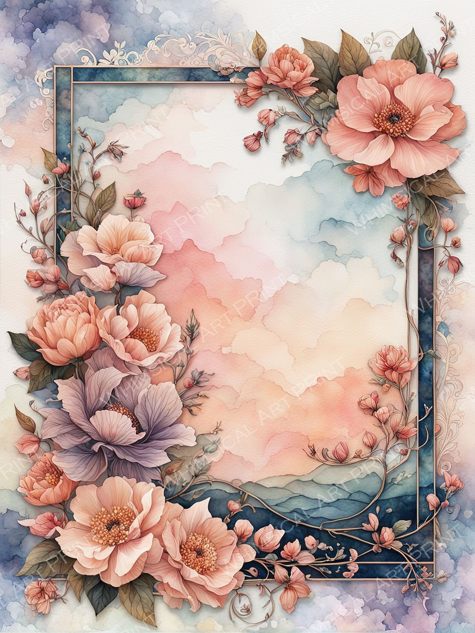 Watercolor Floral Frame Digital Paper: Pastel Peach Botanical Borders ...