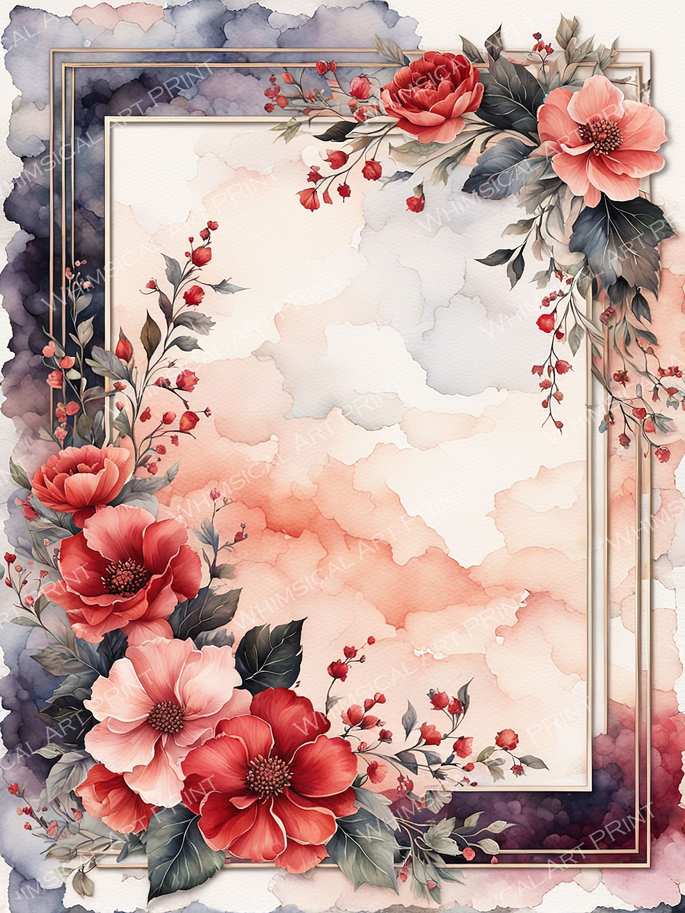 Red Floral Watercolor Frame: Black Accent Digital Paper Set (10 Jpgs ...