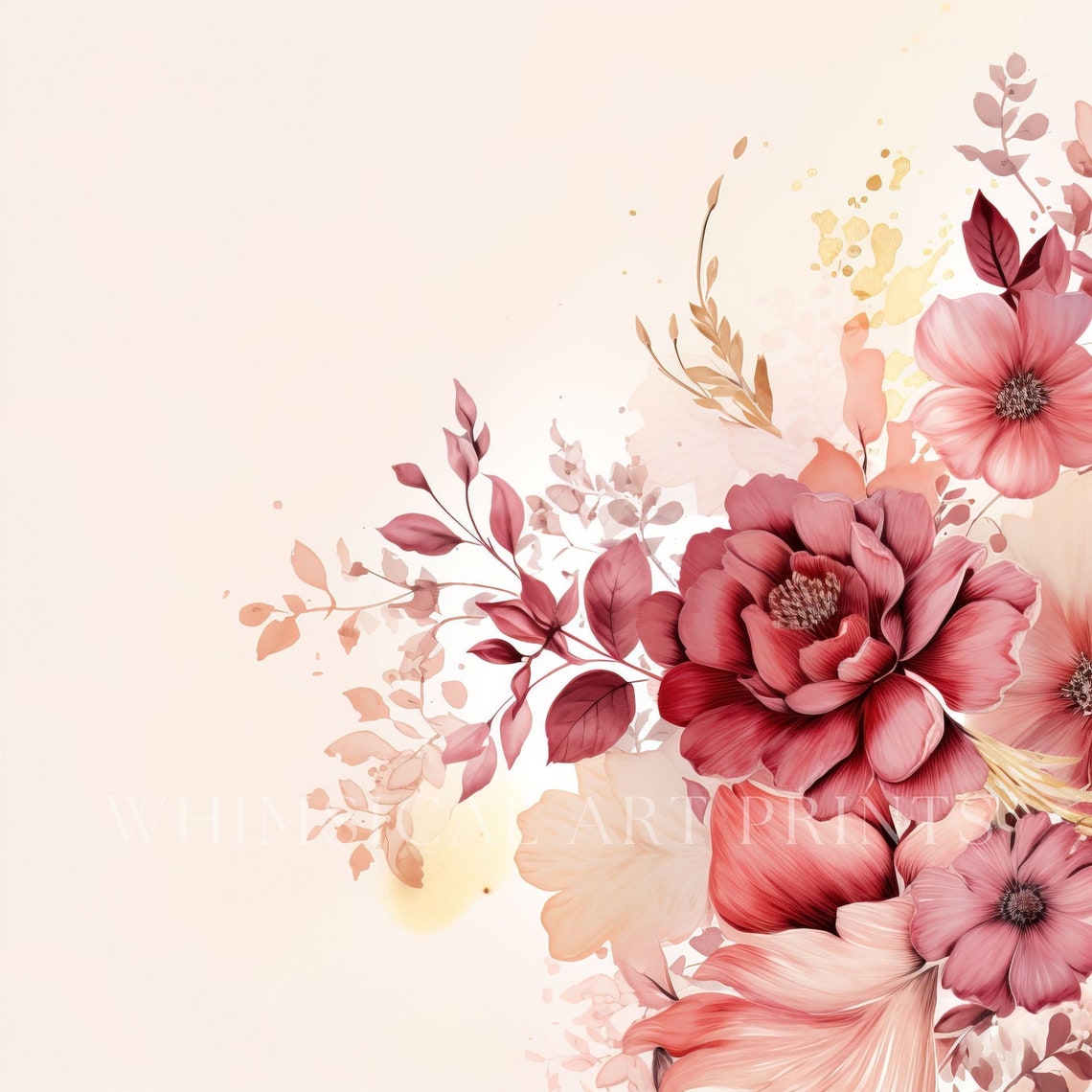 Maroon & Ivory Digital Paper, Floral Background Graphics, Watercolor ...