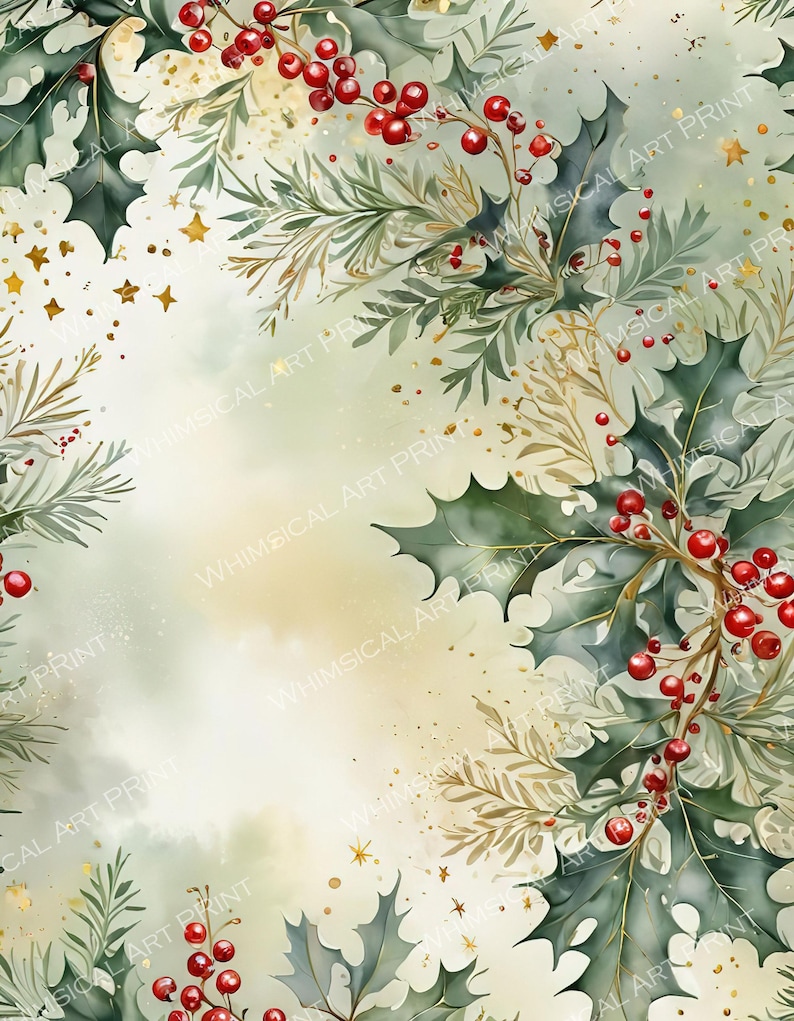Watercolor Christmas Digital Paper: Vintage Foliage & Gold (digital ...