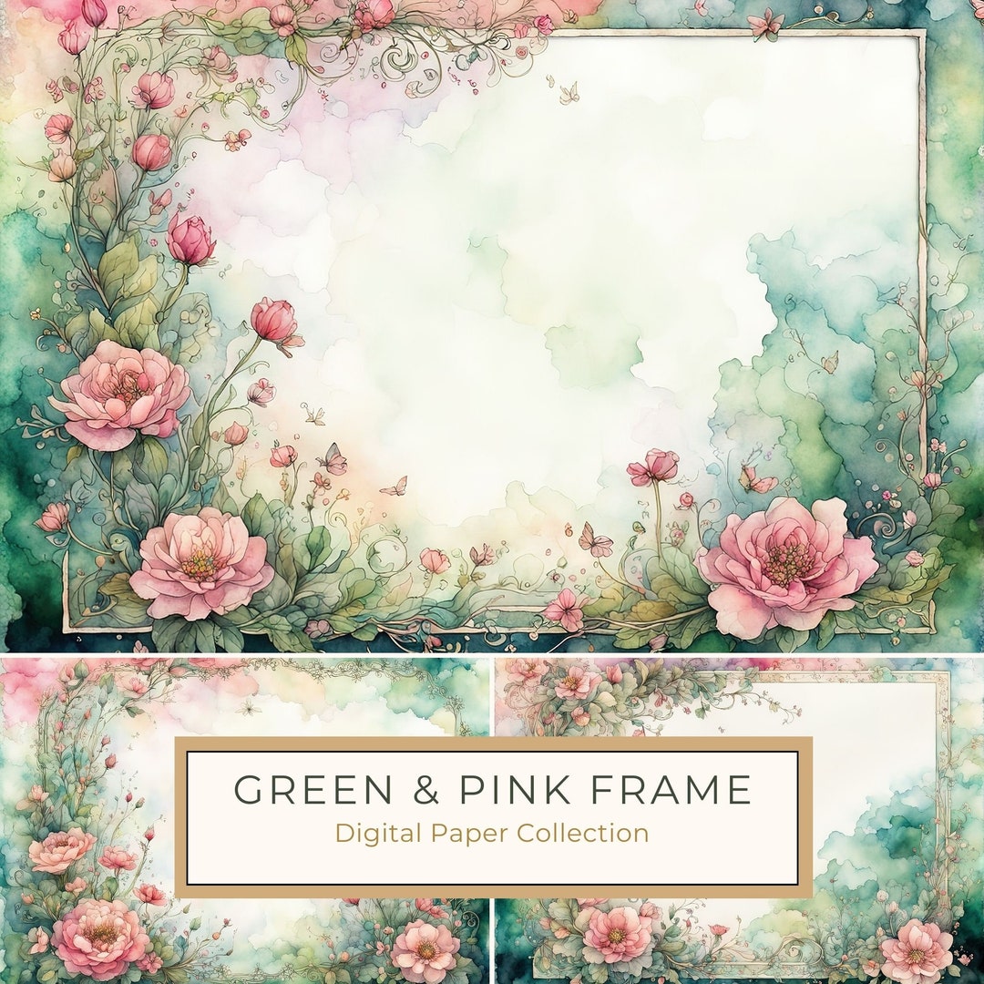 Watercolor Green and Neon Pink Flowers Digital Paper Pack, Floral Frame ...