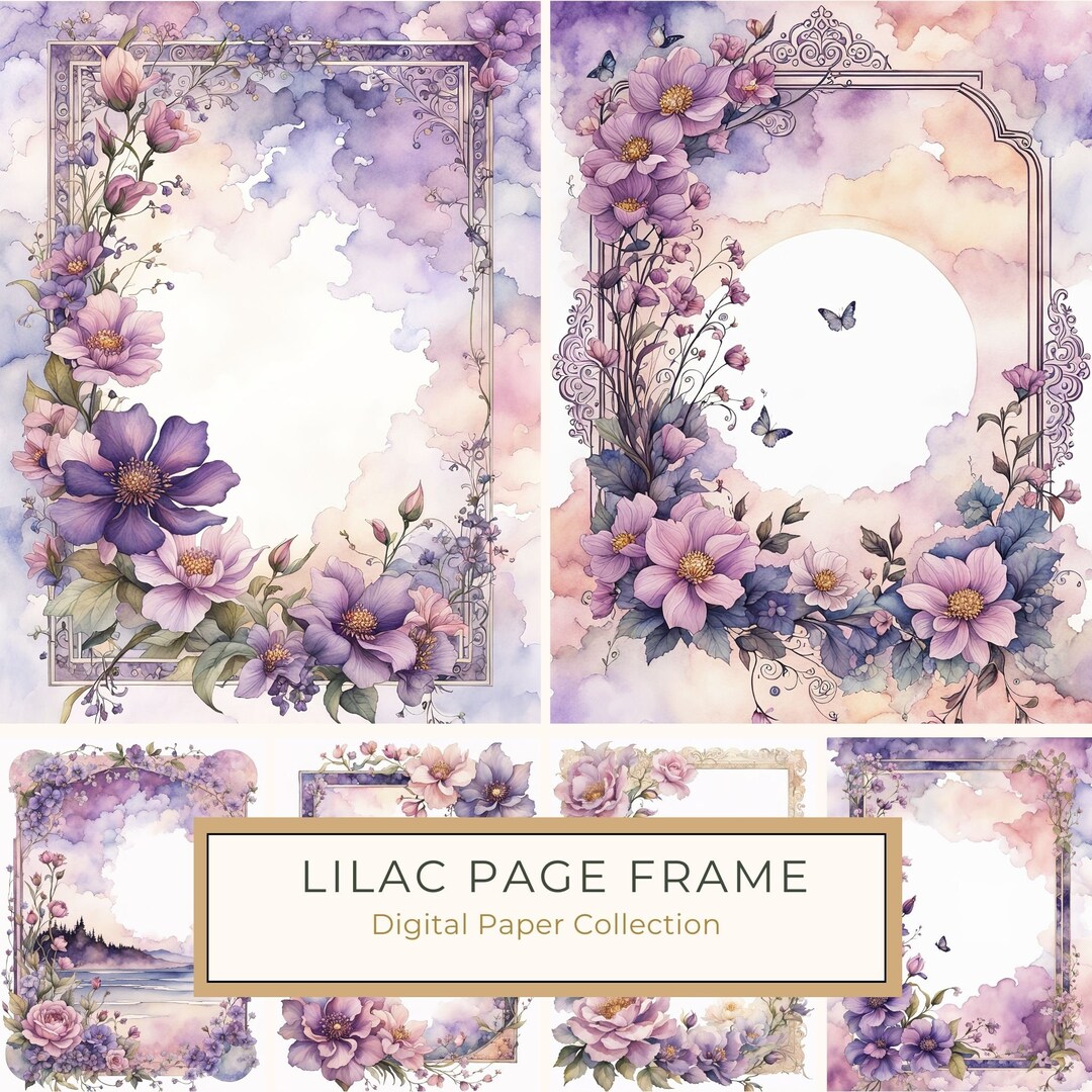 Watercolor Lilac Floral Frame Digital Paper Pack, Boho Digital Paper ...