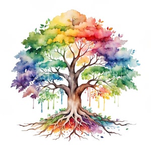 Watercolor Mystical Old Trees: Vibrant Rainbow Colors Tree Clipart ...