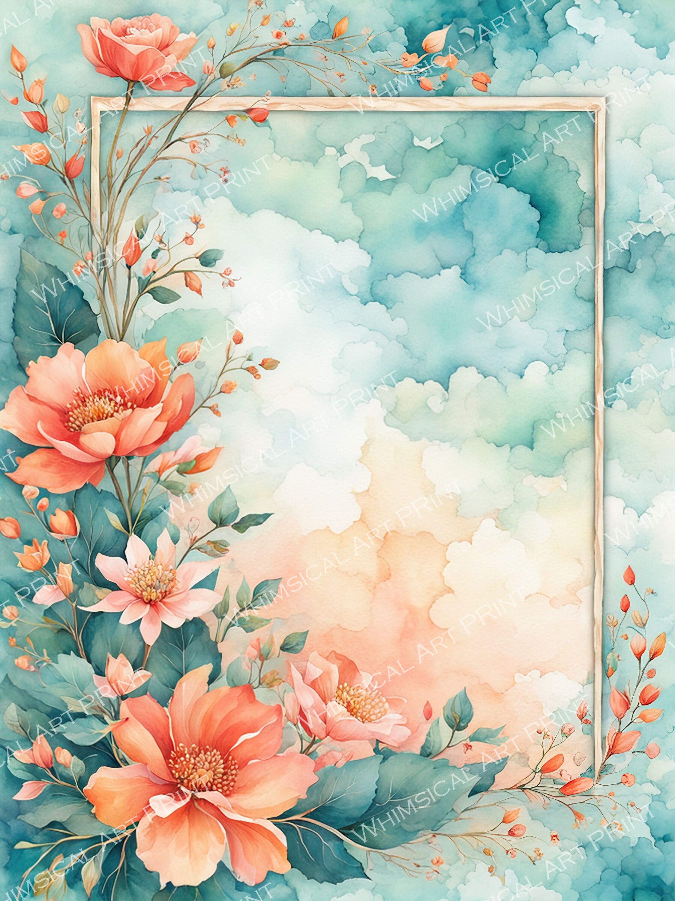 Watercolor Orange Floral Digital Paper Pack: Botanical Borders (10 Jpgs ...