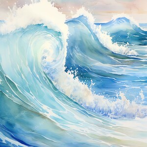Beautiful Ocean Waves Background Art Printable, Rough Seas Watercolor ...
