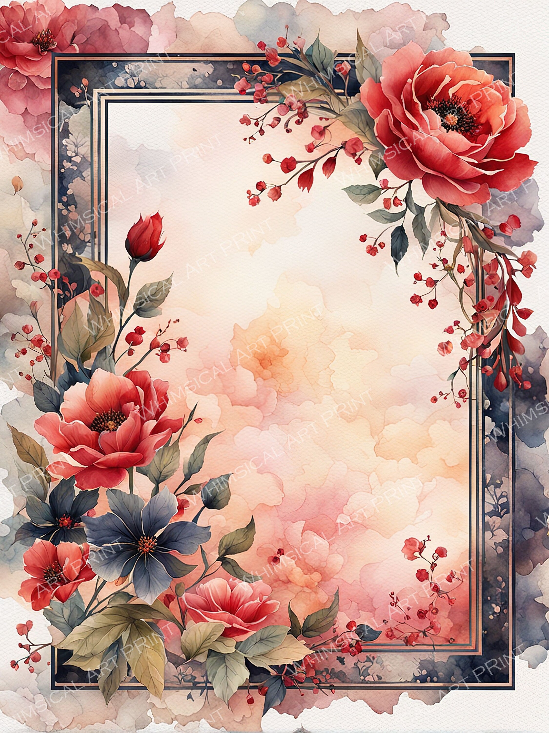 Red Floral Watercolor Frame: Black Accent Digital Paper Set (10 Jpgs ...