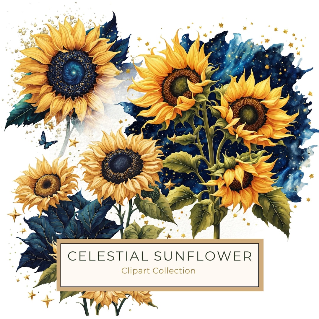 Elegant Celestial Sunflower Clipart, Watercolor Florals on Navy Nebula ...