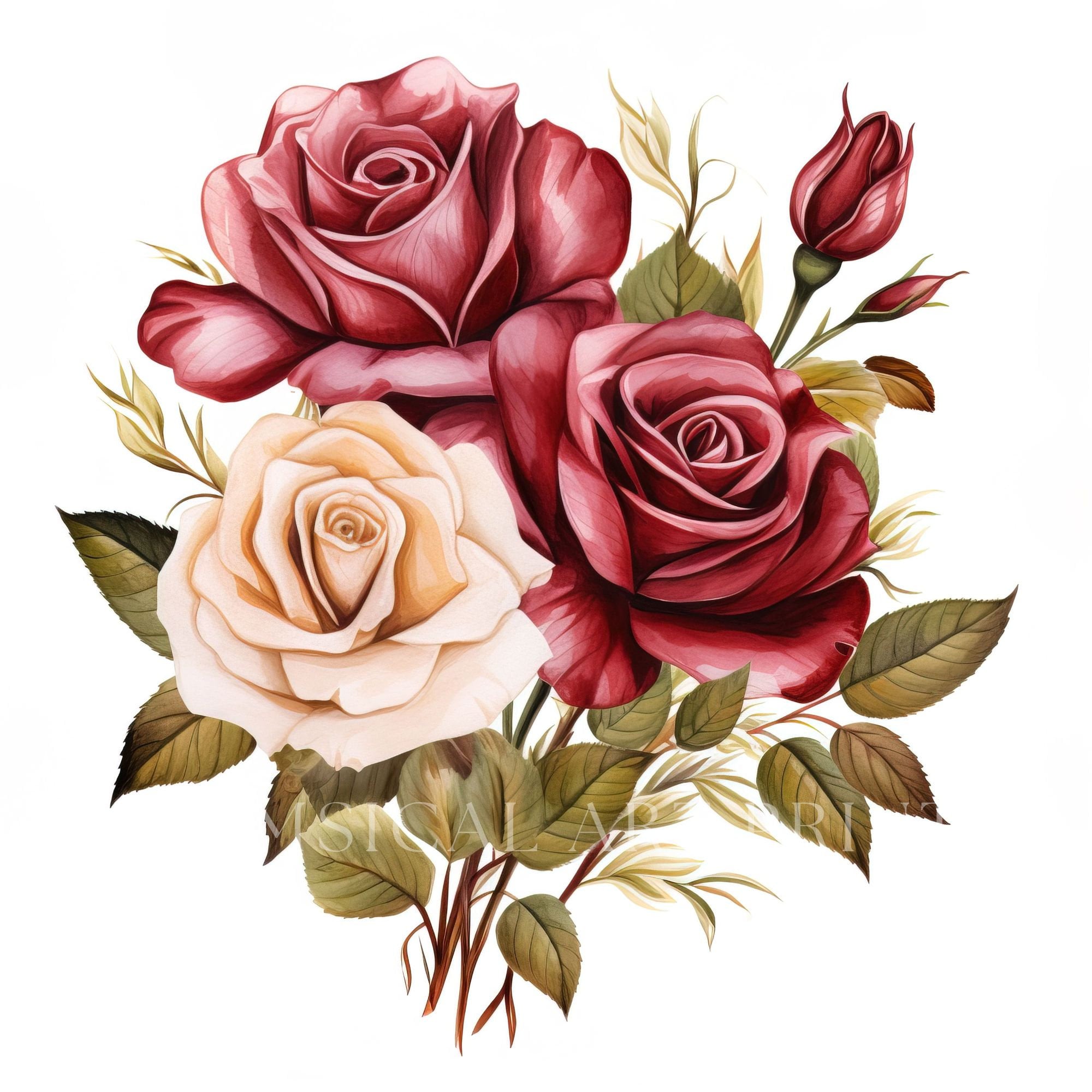 Burgundy Roses Bouquet Clipart, Watercolor Red Roses PNG, Wedding Art ...