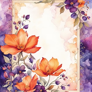 Watercolor Floral Digital Paper: Purple & Orange Flowers (10 Jpgs) - Etsy