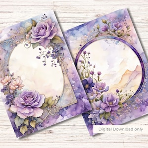 Purple Floral Watercolor Border: Boho Digital Paper Pack (10 Jpgs ...