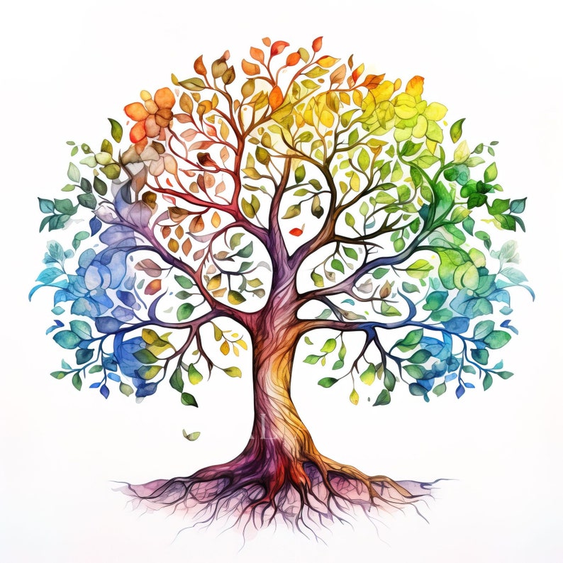 Bunter mystischer Baum Clipart Kompliziertes Baumdesign im Aquarellstil ...