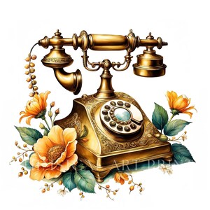 Watercolor Antique Telephones With Flowers: Boho Telephone Clipart ...