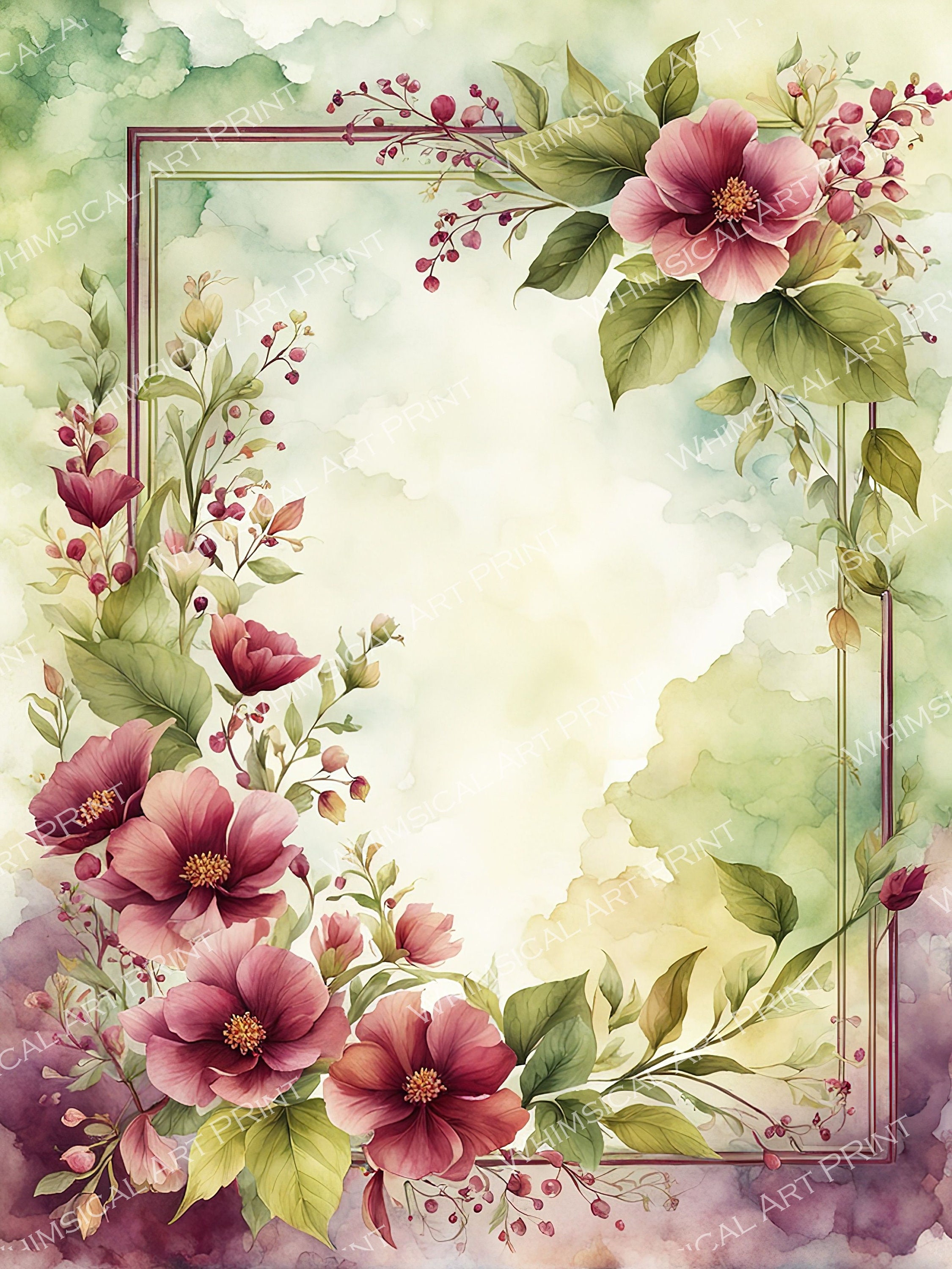 Watercolor Floral Page Frame Digital Paper Pack, Burgundy Flowers ...