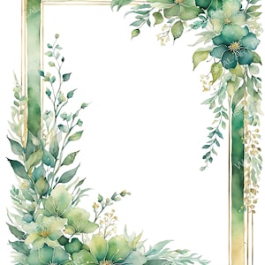 Emerald Green Floral Frame: Botanical Watercolor Art (10 Jpgs Digital ...