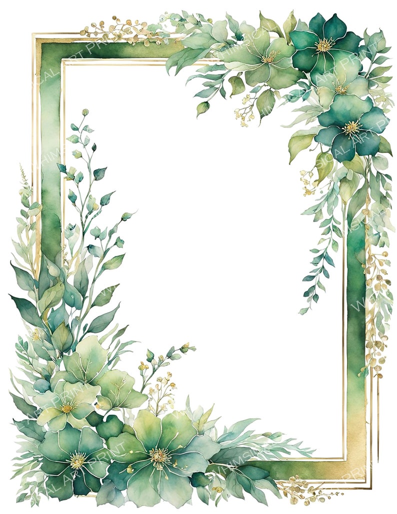 Emerald Green Floral Frame: Botanical Watercolor Art (10 Jpgs Digital ...