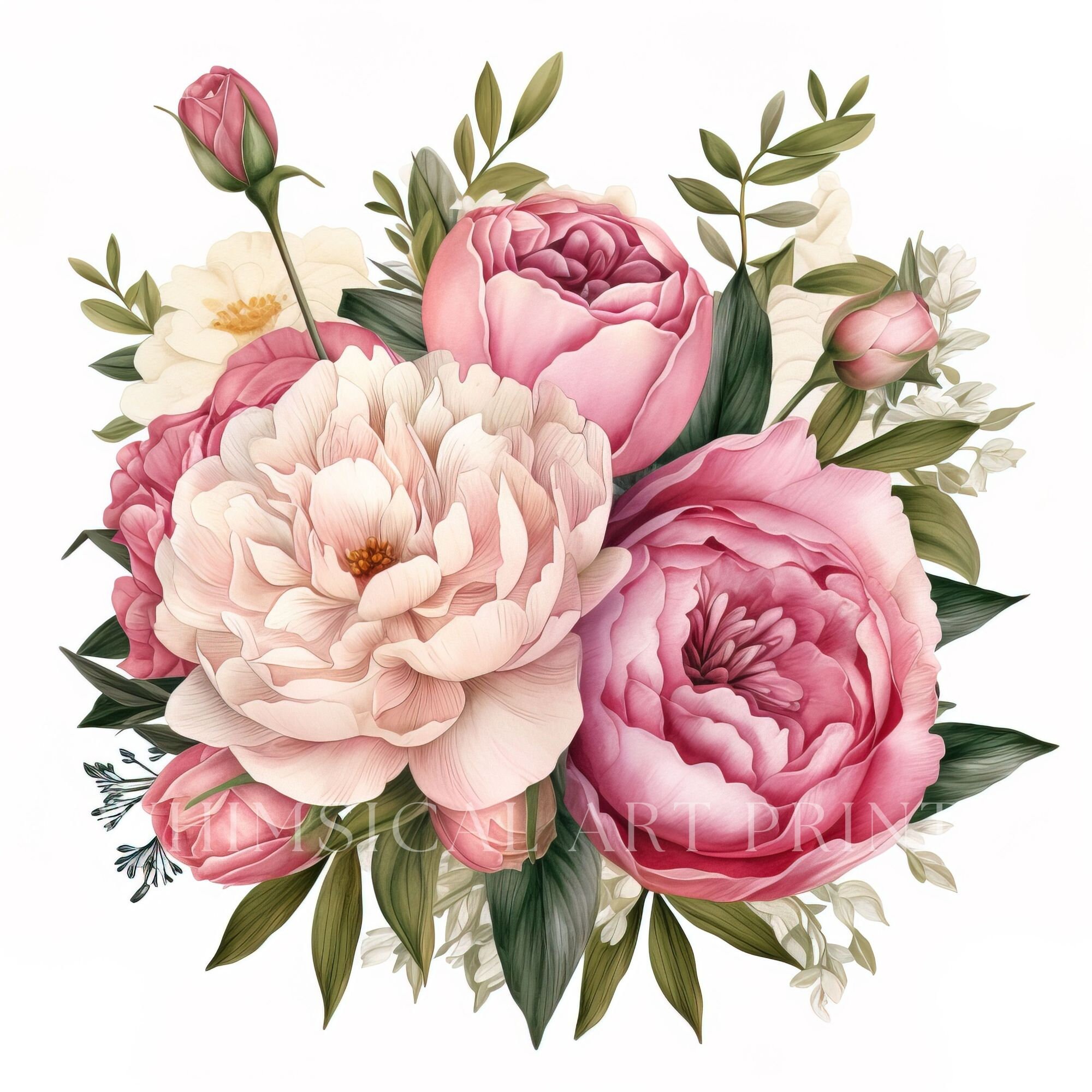 Pink Peonies Clipart, Peony Floral Bouquet PNG, Watercolor Flowers Wall ...