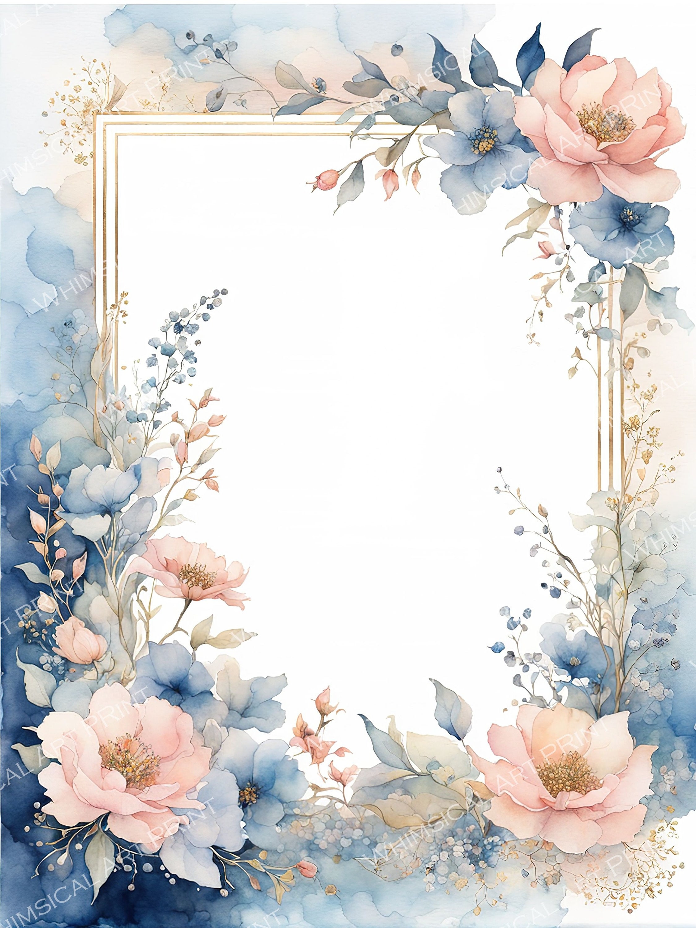 Watercolor Pink and Blue Pastel Border Digital Paper, Botanical Frame ...