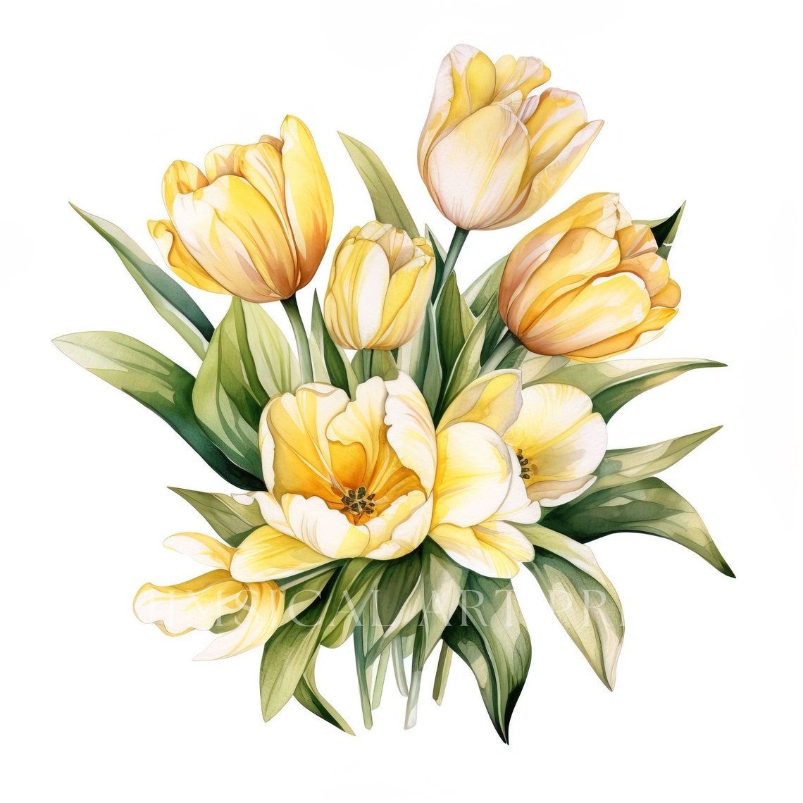 Yellow Tulip Clipart, Bouquet Clipart, Watercolor Flowers, Commercial ...