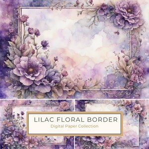 Lilac Watercolor Frame Digital Paper Pack, Violet Floral Backgound ...
