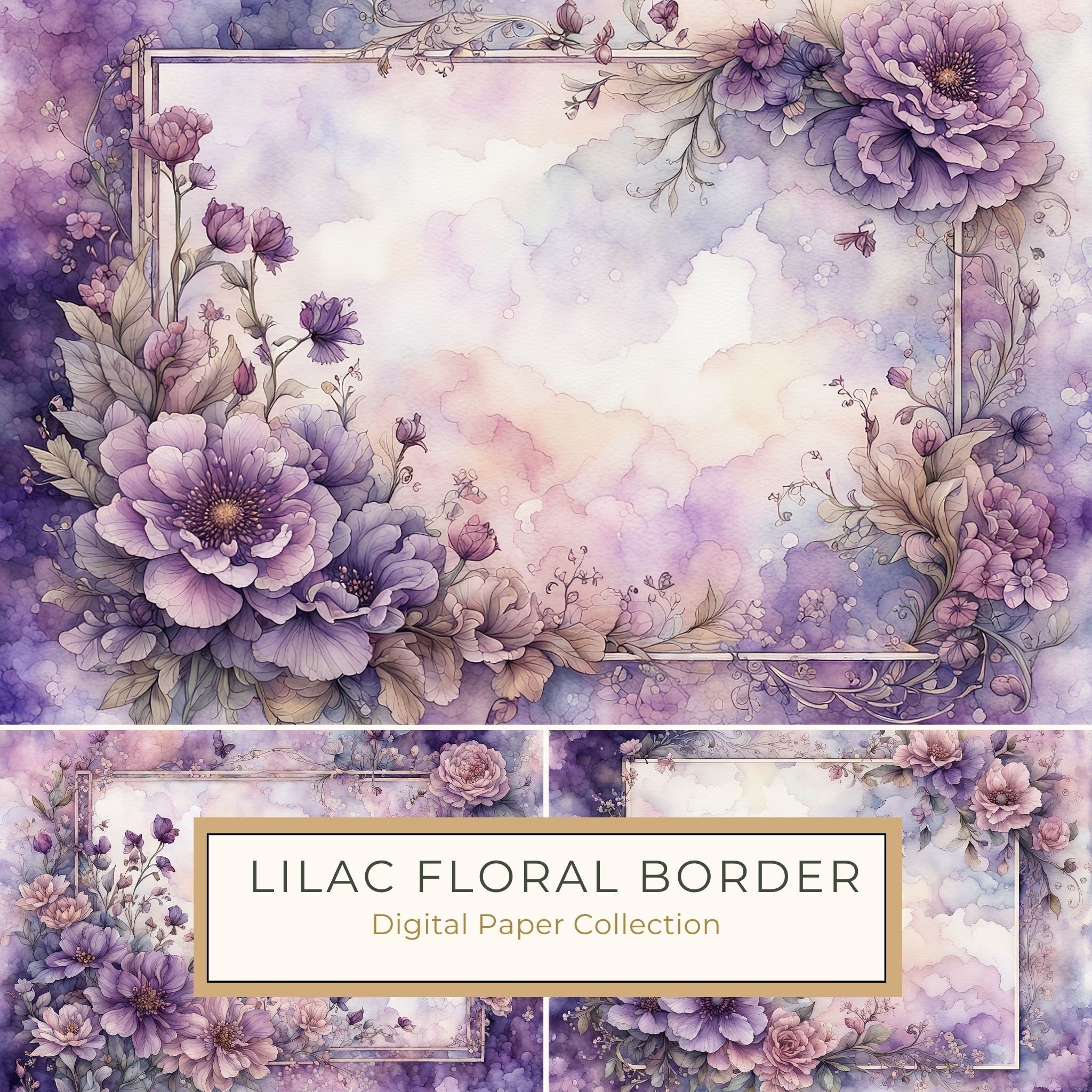 Lilac Floral Frame Digital Paper Pack: Watercolor Violet Backgrounds ...