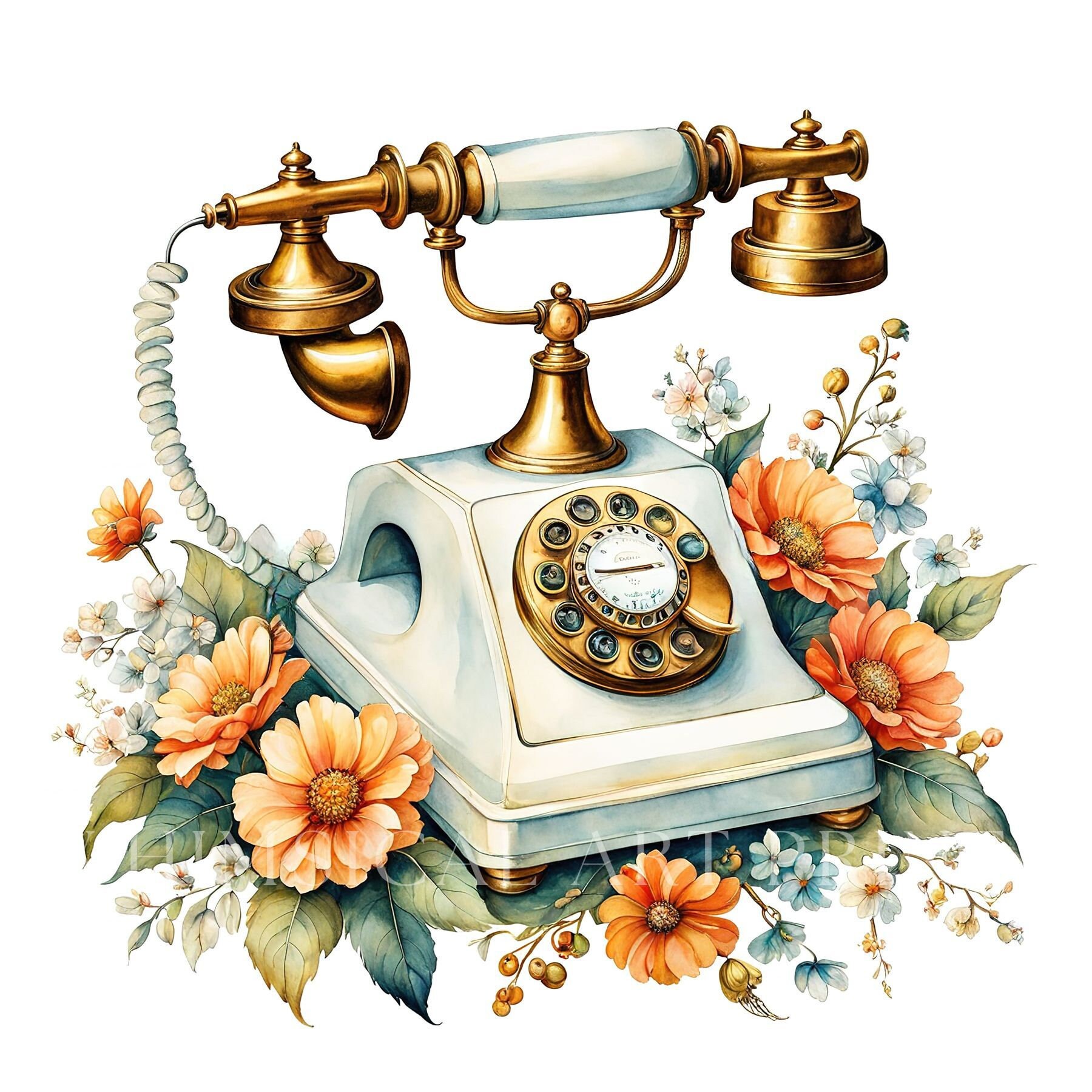 Watercolor Antique Telephones With Flowers: Boho Telephone Clipart ...