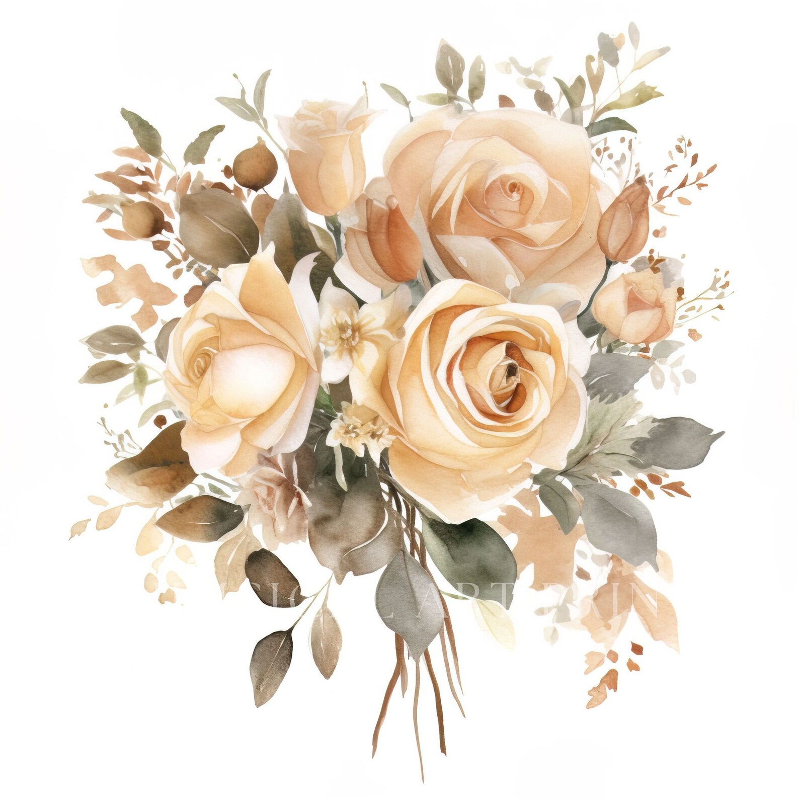 Rustic Roses Clipart, Watercolor Flowers, Ochre Beige Roses Bouquet ...