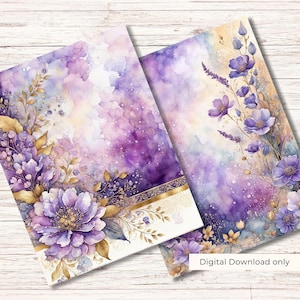 Watercolor Purple Floral Digital Paper: Gold Accents (10 JPG ...