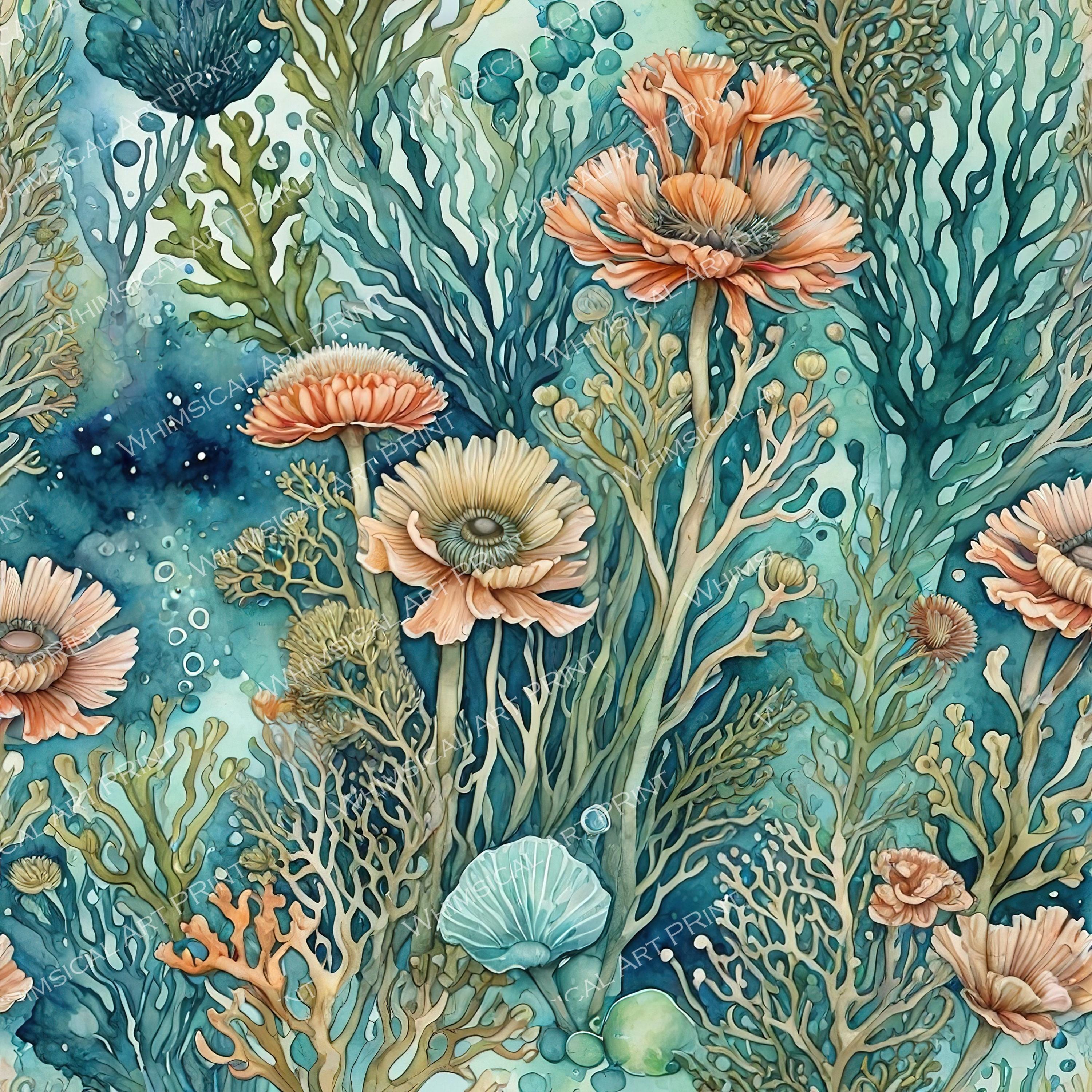 Watercolor Coral Digital Paper: Aqua Green Floral Elements (10 JPG ...