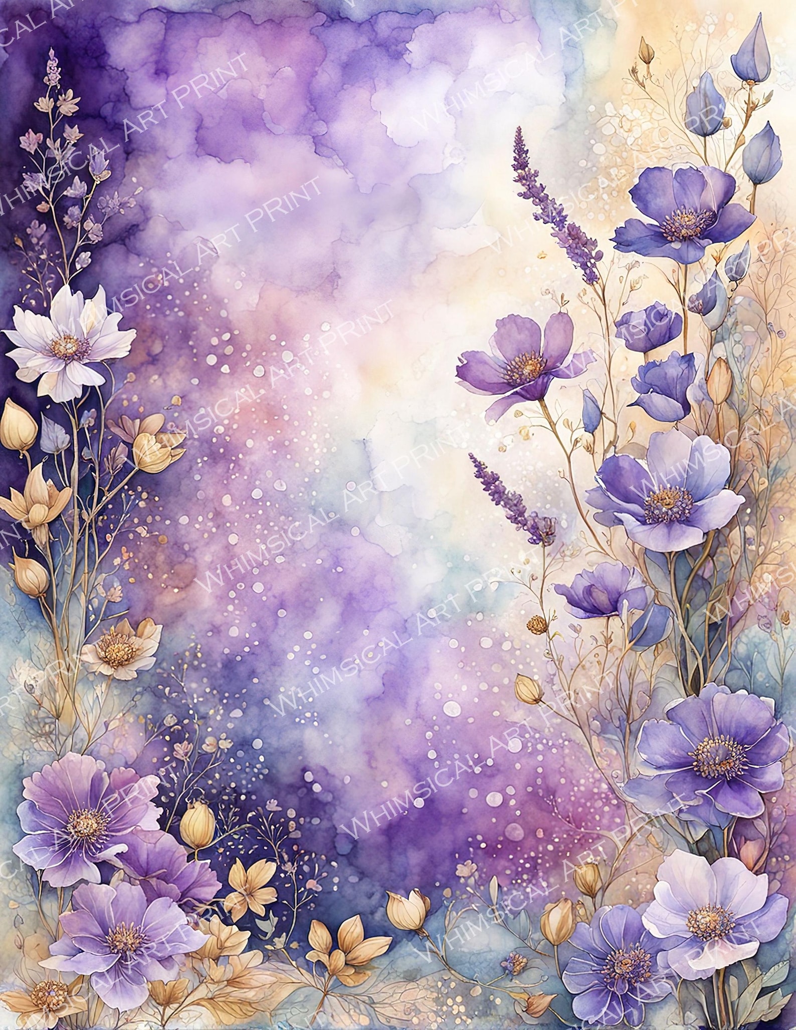 Watercolor Purple Floral Digital Paper: Gold Accents (10 JPG ...