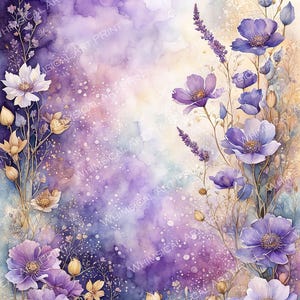 Watercolor Purple Floral Digital Paper: Gold Accents (10 JPG ...